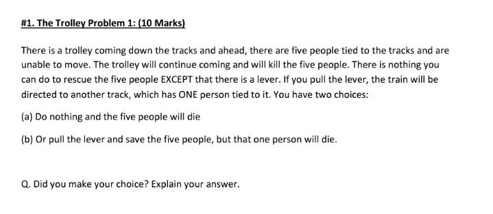 Solved \#1. The Trolley Problem 1: (10 Marks) There is a | Chegg.com