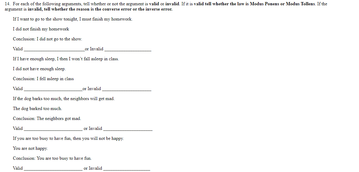 Solved 14. For each of the following arguments, tell whether | Chegg.com