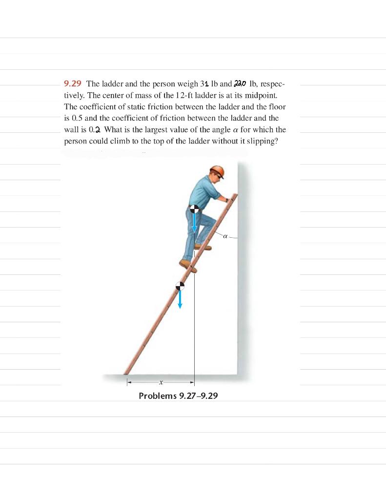 Solved 9.29 The ladder and the person weigh 31lb and 220lb, | Chegg.com