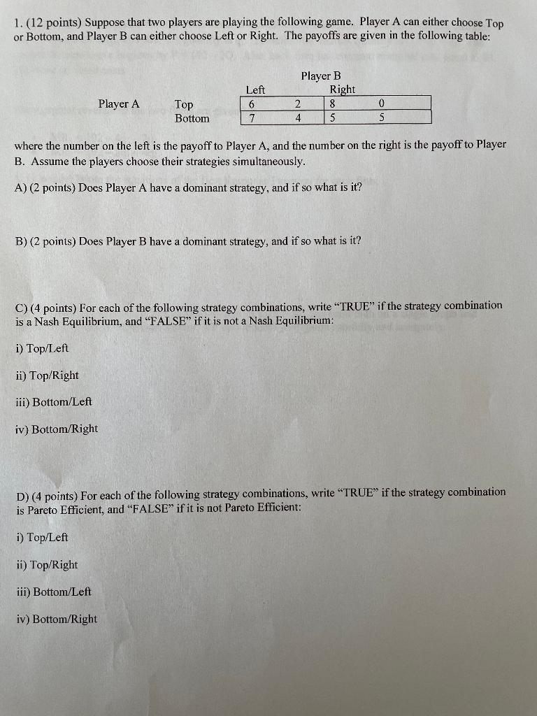 Solved 1. (12 points) Suppose that two players are playing | Chegg.com