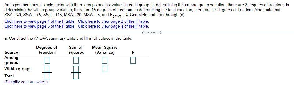 Solved Mean Degrees of Sum of Square Consider an experiment | Chegg.com