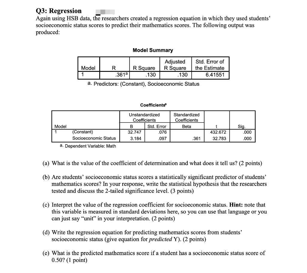 Solved Q3: Regression Again using HSB data, the researchers | Chegg.com