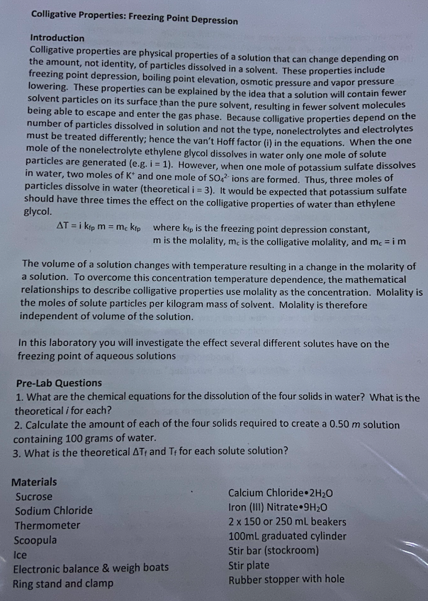 Solved Colligative Properties: Freezing Point Depression | Chegg.com