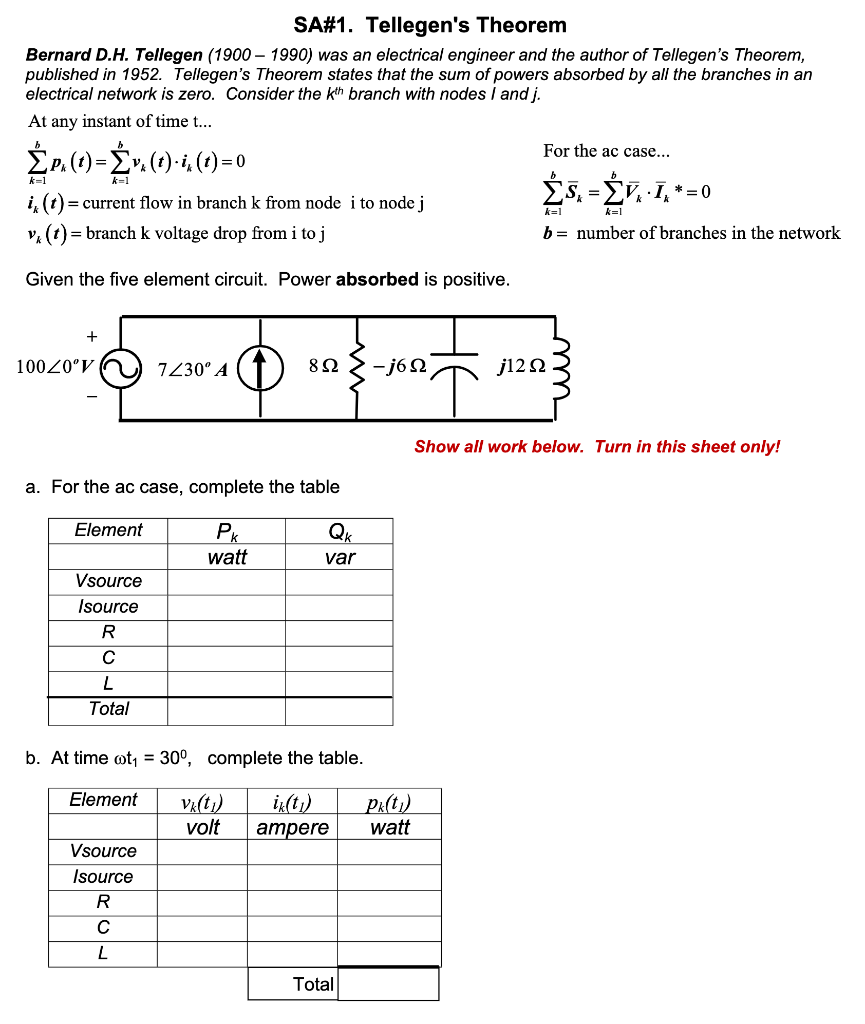 Solved SA#1. Tellegen's Theorem Bernard D.H. Tellegen (1900 | Chegg.com