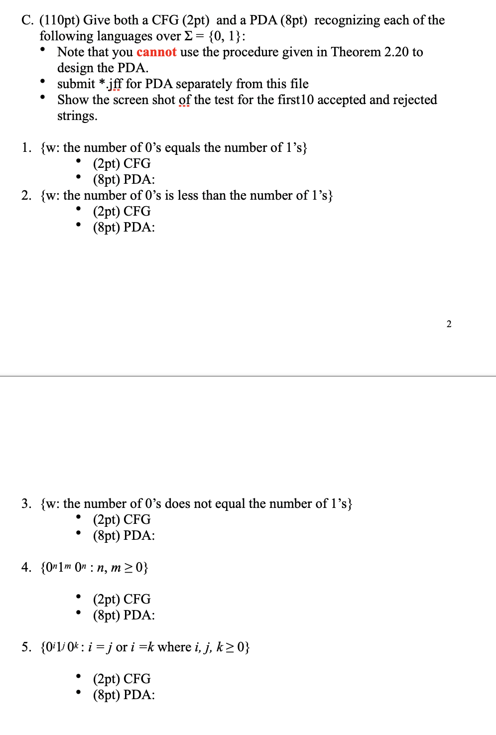 Solved C. (110pt) Give both a CFG (2pt) and a PDA (8pt) | Chegg.com