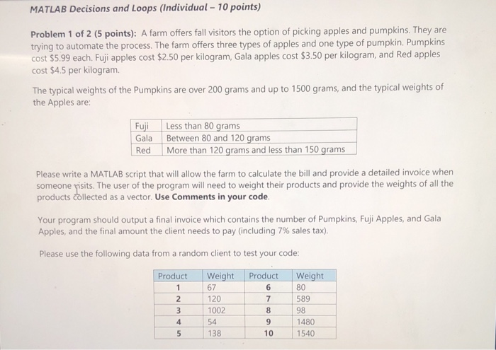Solved MATLAB Decisions and Loops (Individual 10 points) | Chegg.com