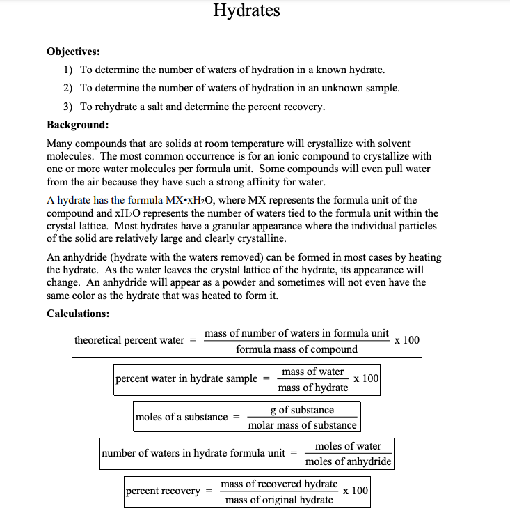Solved Hydrates Objectives: 1) To determine the number of | Chegg.com