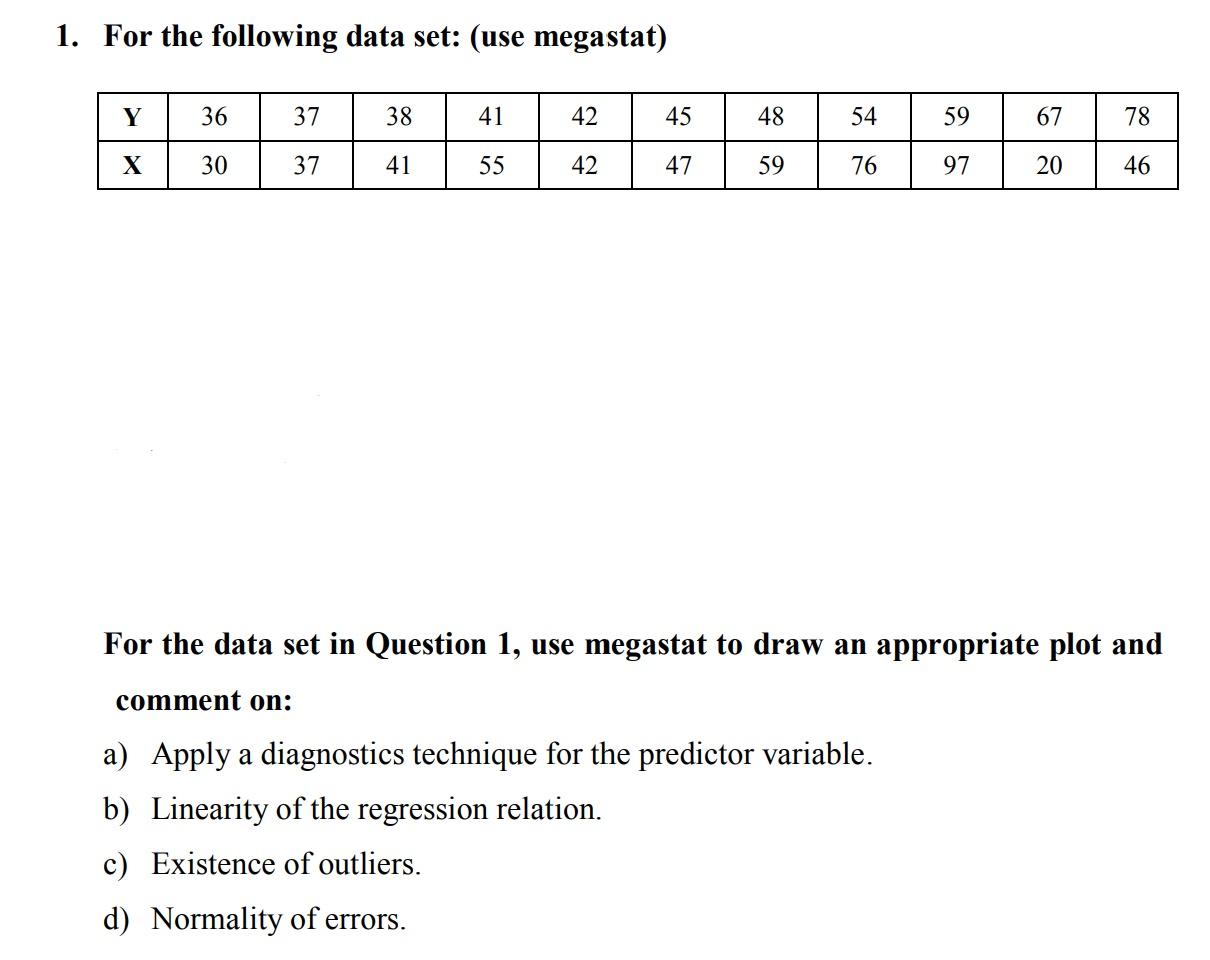 Solved 1. For the following data set: (use megastat) For the | Chegg.com