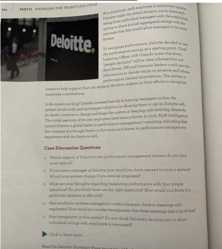 Solved 294 PARTI MANAGING THE TALENT LIFE CYCLE Deloitte | Chegg.com