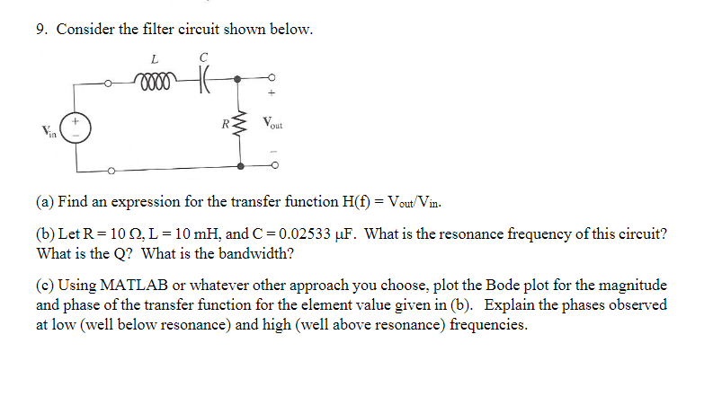 9. Consider the filter circuit shown below. (a) Find | Chegg.com