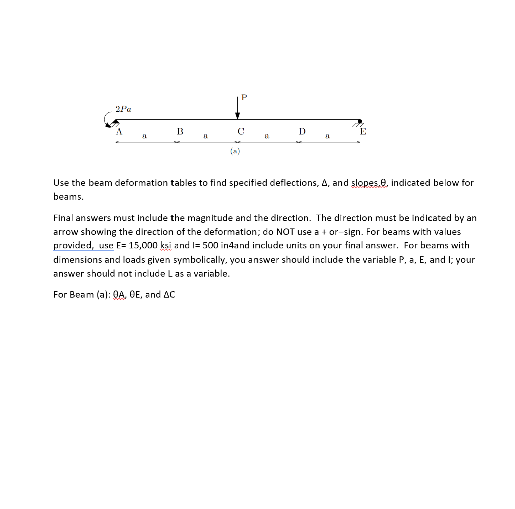 Solved 2Pa A B С D E a a a a (a) Use the beam deformation | Chegg.com