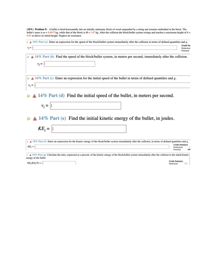 Solved (10\%) Problem 9: A bullet is fired horizontally into | Chegg.com