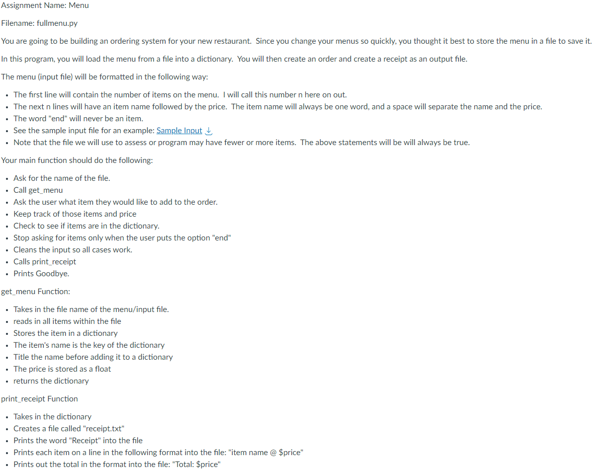 Solved Filename: fullmenu.py You are going to be building an | Chegg.com