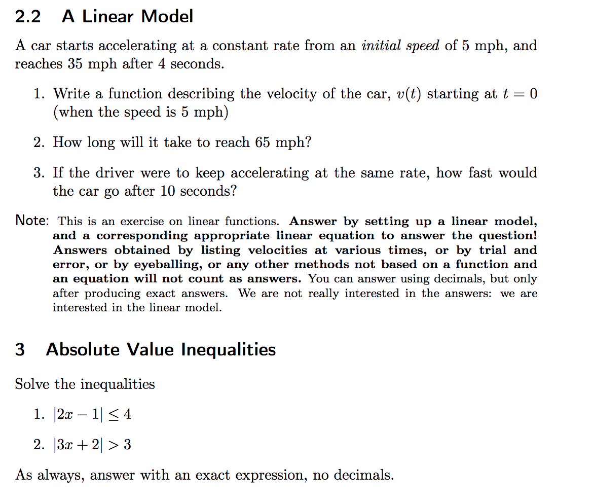 Solved 2.2 A Linear Model A car starts accelerating at a | Chegg.com