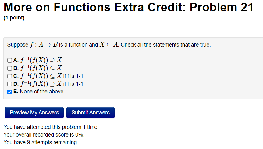 Solved More on Functions Extra Credit: Problem 21 (1 point) | Chegg.com