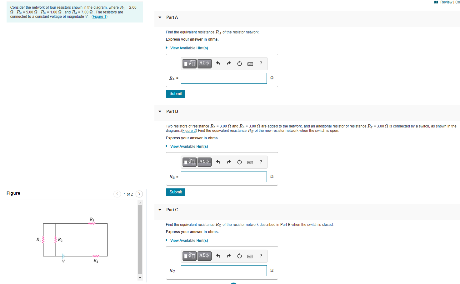 Solved R R: w R R2 w R1 V RS R4 1 Review Review Co Consider | Chegg.com