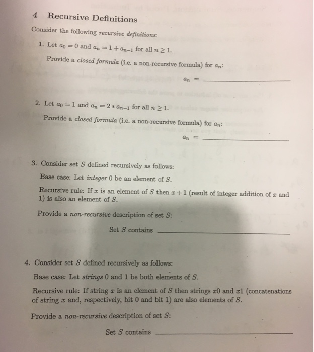 Solved 4 Recursive Definitions Consider the following | Chegg.com