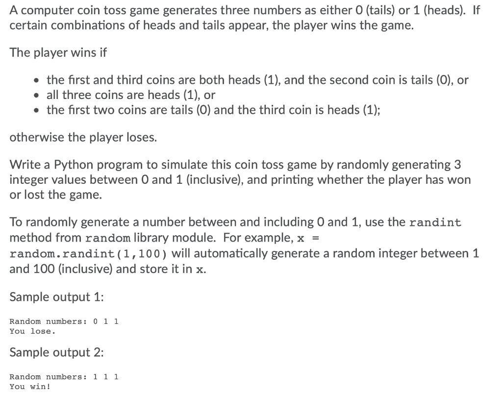 Solved A computer coin toss game generates three numbers as | Chegg.com