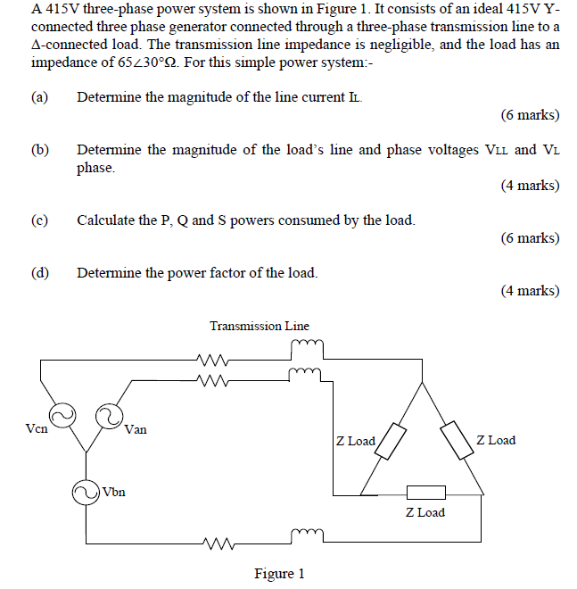 Solved A 415V three-phase power system is shown in Figure 1. | Chegg.com