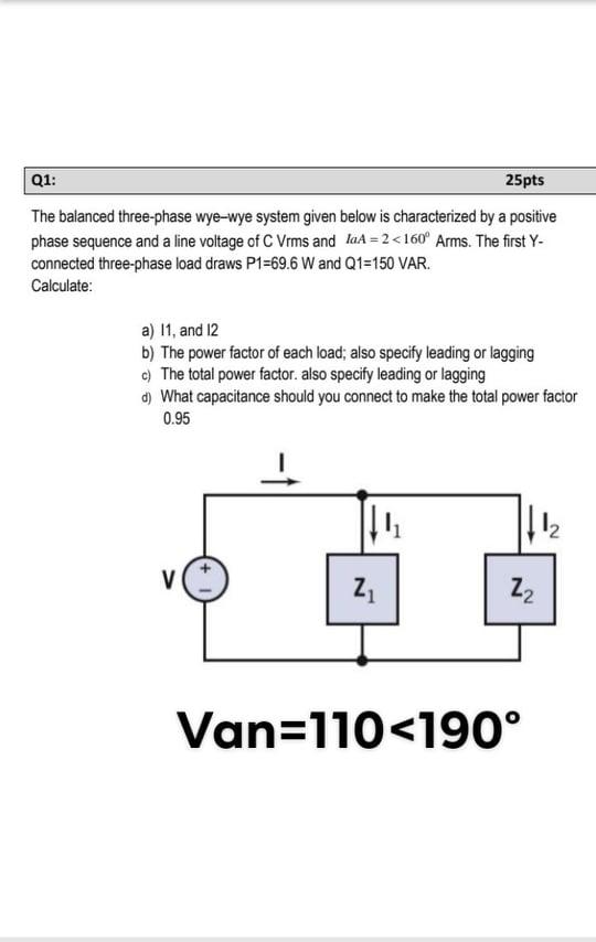 Solved Q1: 25pts The balanced three-phase wye-wye system | Chegg.com