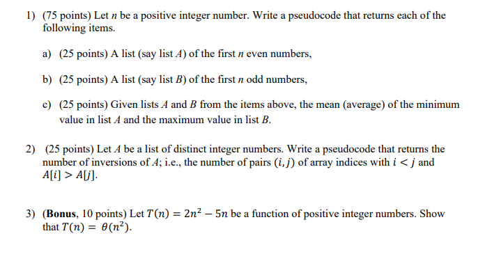 Solved 1) (75 points) Let n be a positive integer number. | Chegg.com