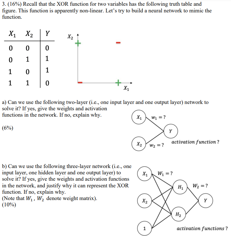 Solved 3. (16%) Recall that the XOR function for two | Chegg.com
