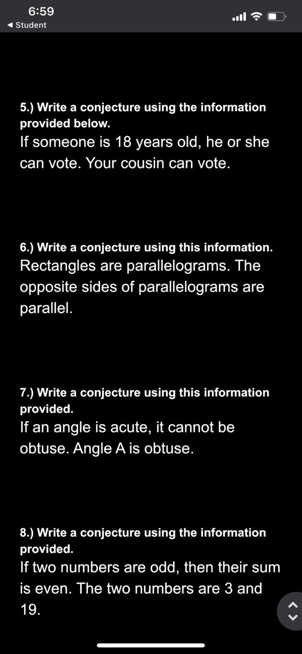 Solved 6:59 Student 5.) Write a conjecture using the | Chegg.com