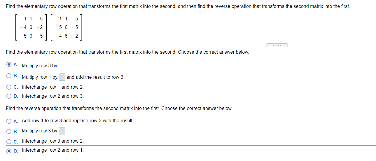Solved Find the elementary row operation that transforms the | Chegg.com