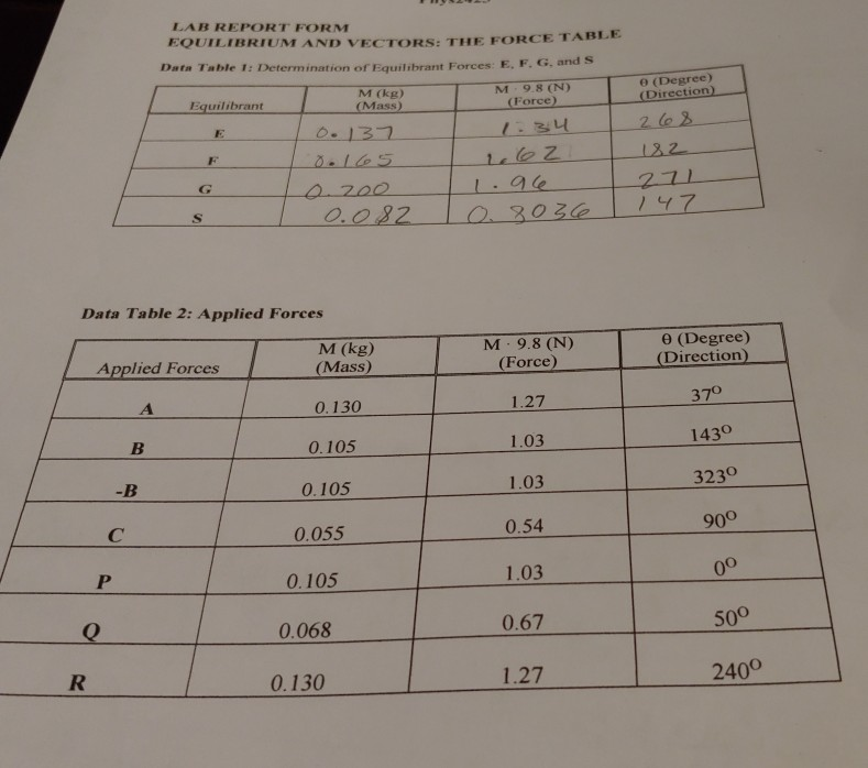 LAB REPORT FORM EQUILIBRIUM AND VECTORS: THE FORCE | Chegg.com