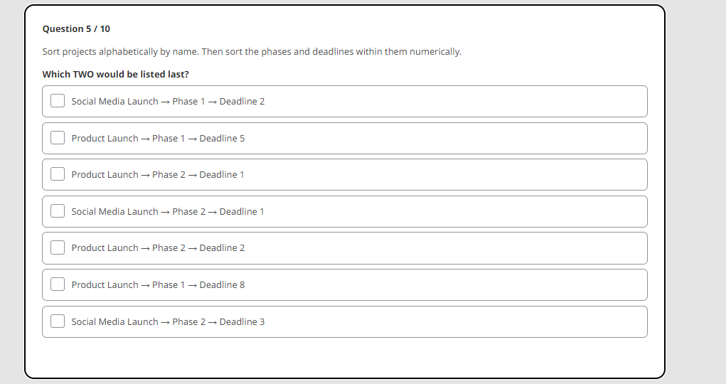 Solved Question 5 / 10Sort projects alphabetically by name. | Chegg.com