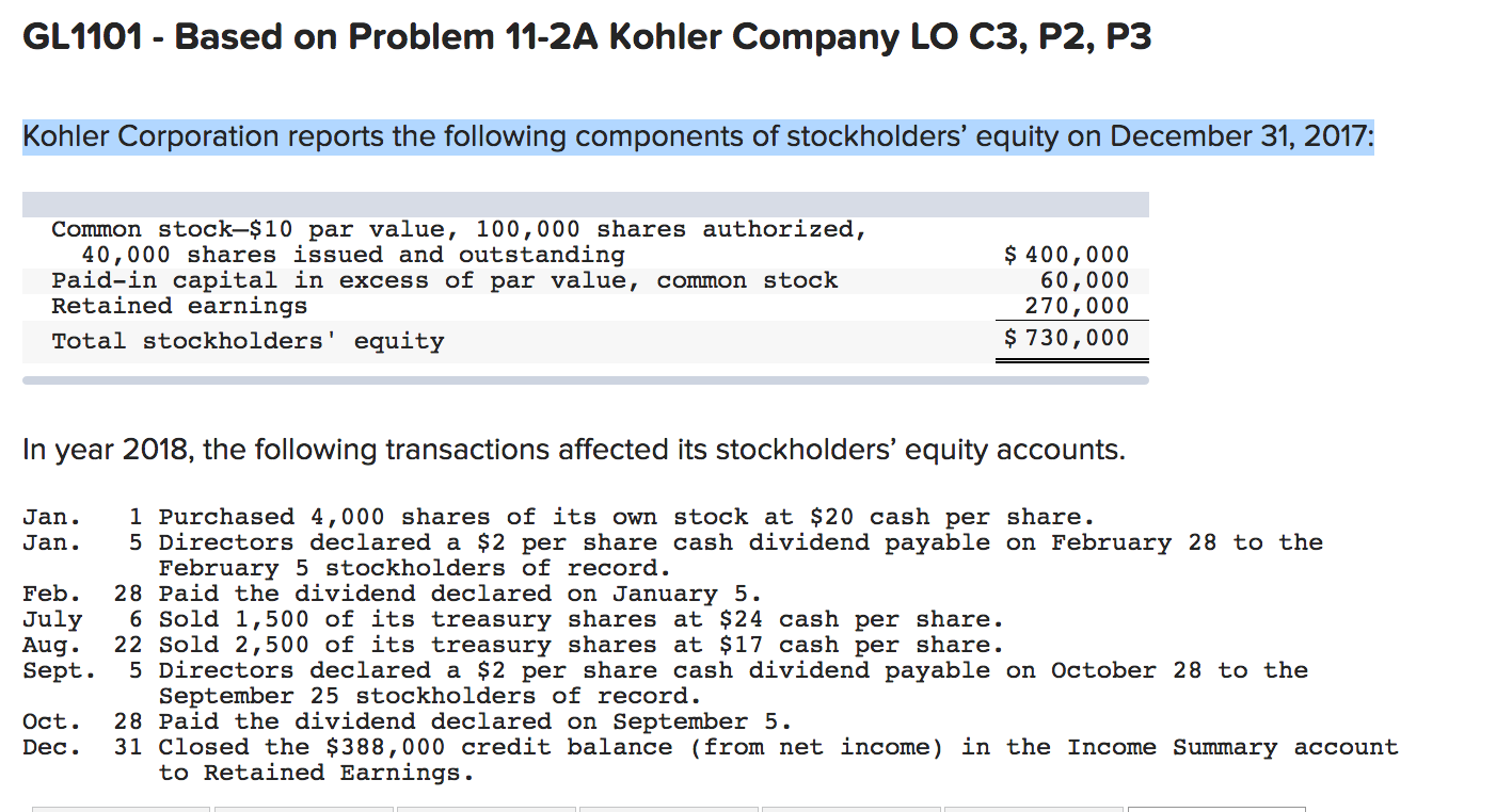 Solved GL1101 - Based on Problem 11-2A Kohler Company LO C3, | Chegg.com