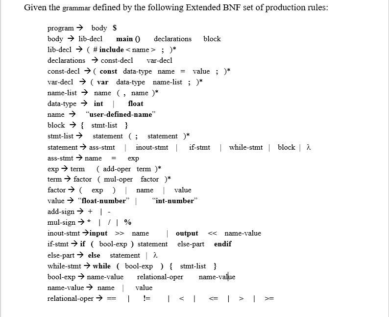 Solved Given the grammar defined by the following Extended | Chegg.com