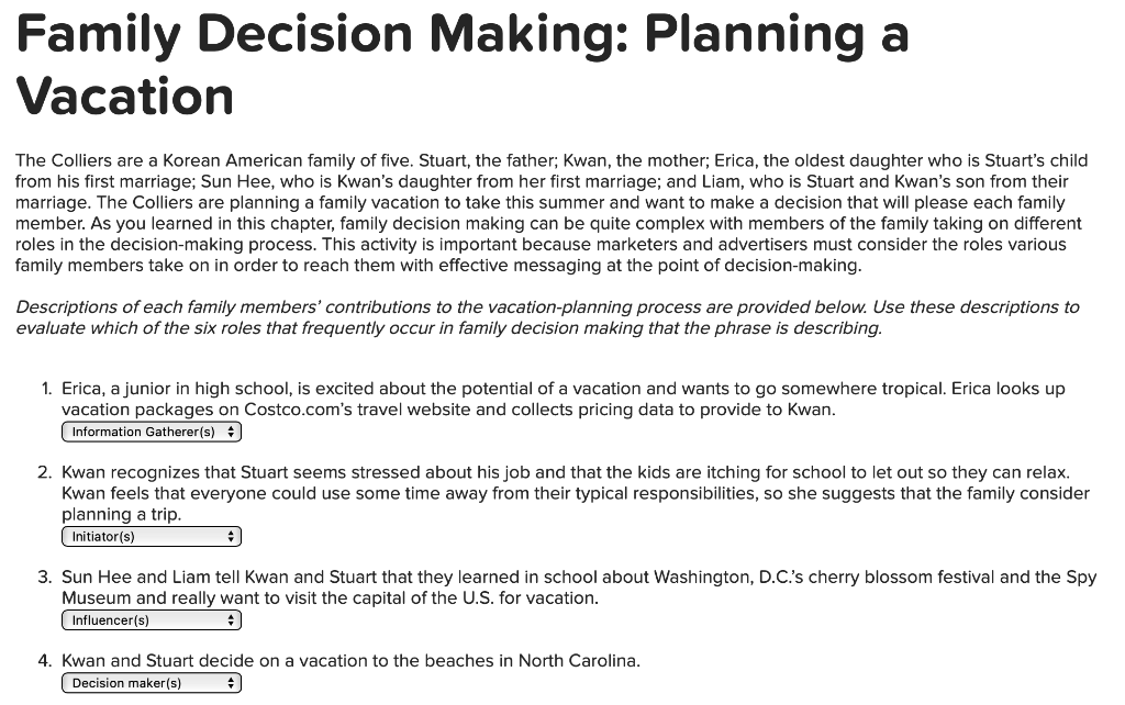 Solved Family Decision Making: Planning a Vacation The | Chegg.com