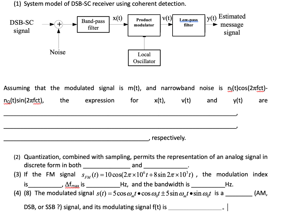 Solved (1) System model of DSB-SC receiver using coherent | Chegg.com