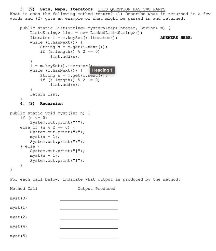 Solved 3. (9) Sets, Maps, Iterators THIS QUESTION HAS TWO | Chegg.com