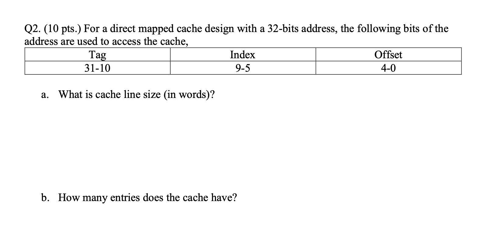Solved Q2. (10 pts.) For a direct mapped cache design with a | Chegg.com
