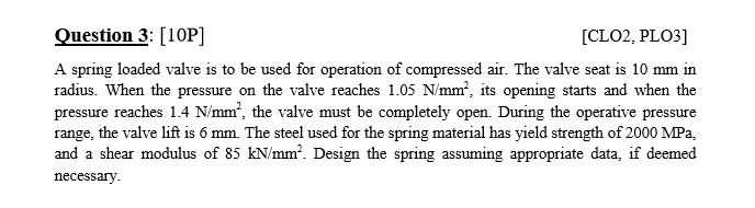 Solved Question 3: [10P] [CLO2. PLO3] A spring loaded valve | Chegg.com