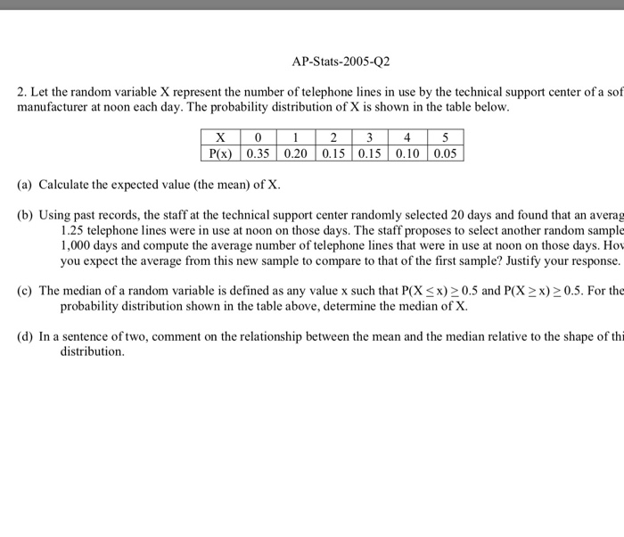 Solved AP-Stats-2005-Q2 2. Let the random variable X | Chegg.com