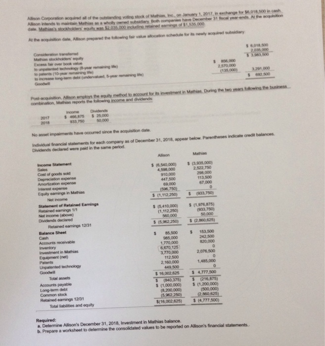 Allison Corporation acquired all of the outstanding | Chegg.com