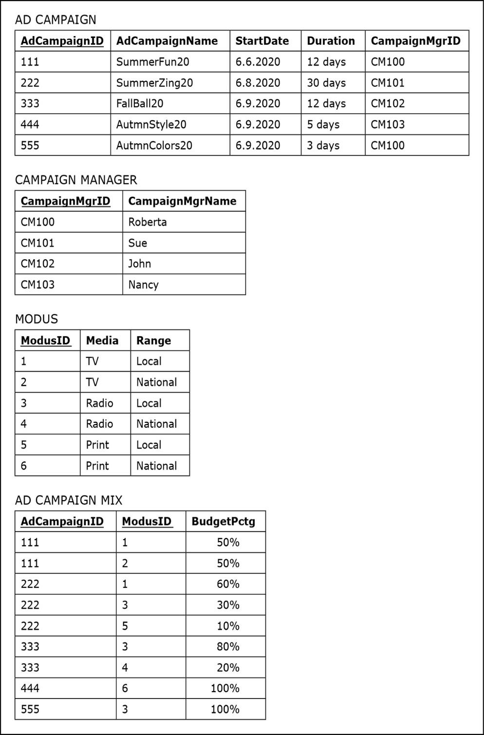 Solved StartDate Duration CampaignMgrID AD CAMPAIGN | Chegg.com