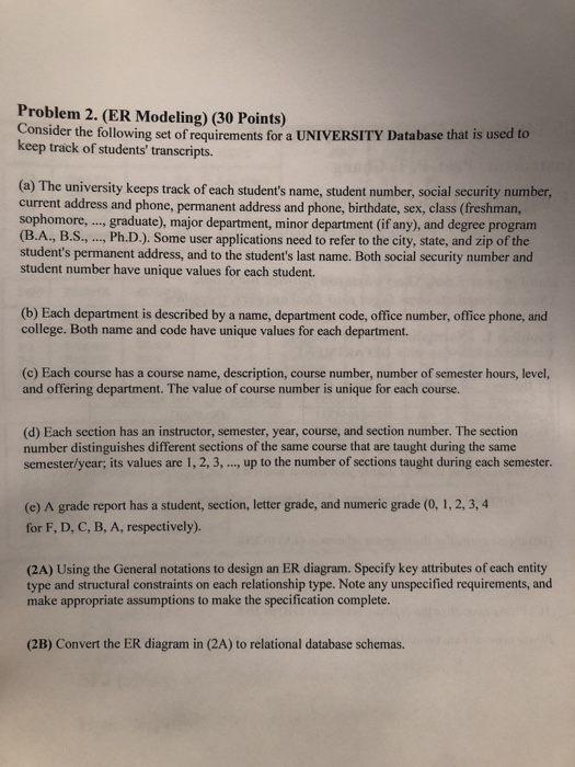 Solved Problem 2. (ER Modeling) (30 Points) Consider the | Chegg.com