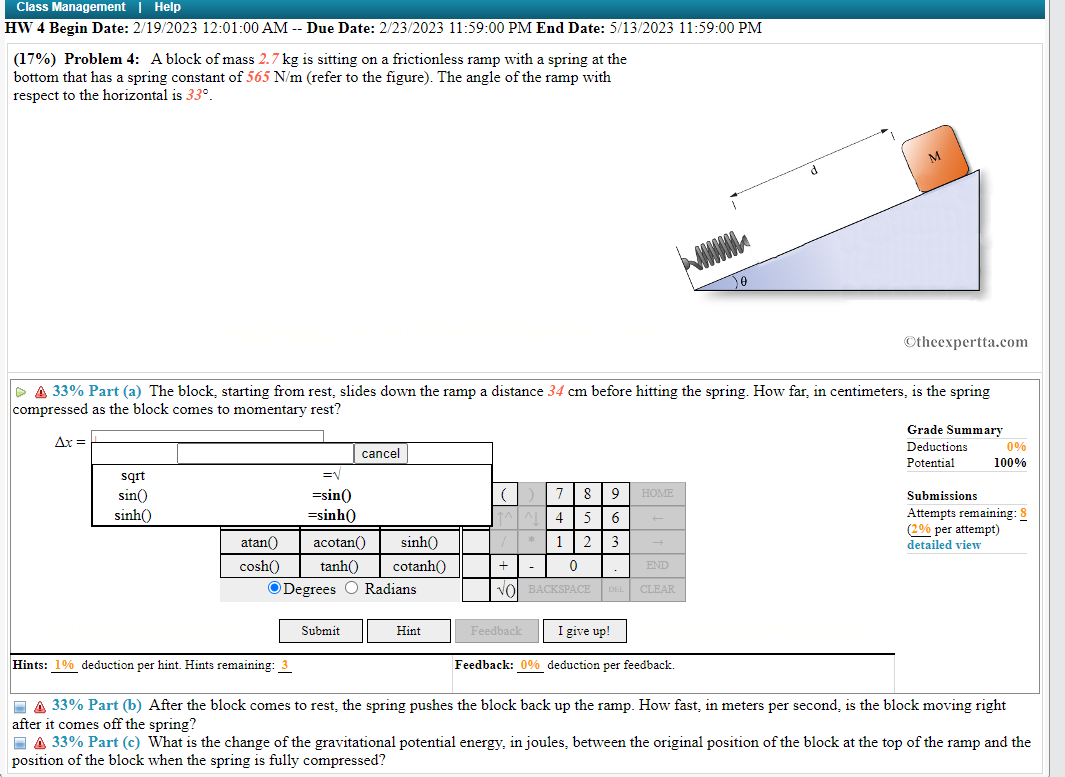 Solved (17\%) Problem 4: A block of mass 2.7 kg is sitting | Chegg.com