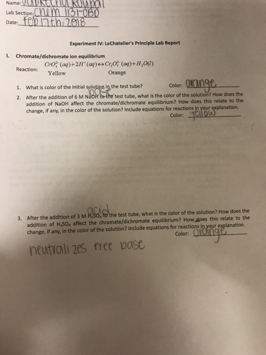 Solved Name: Lab Section Date Experiment IV: LeChatelier's | Chegg.com