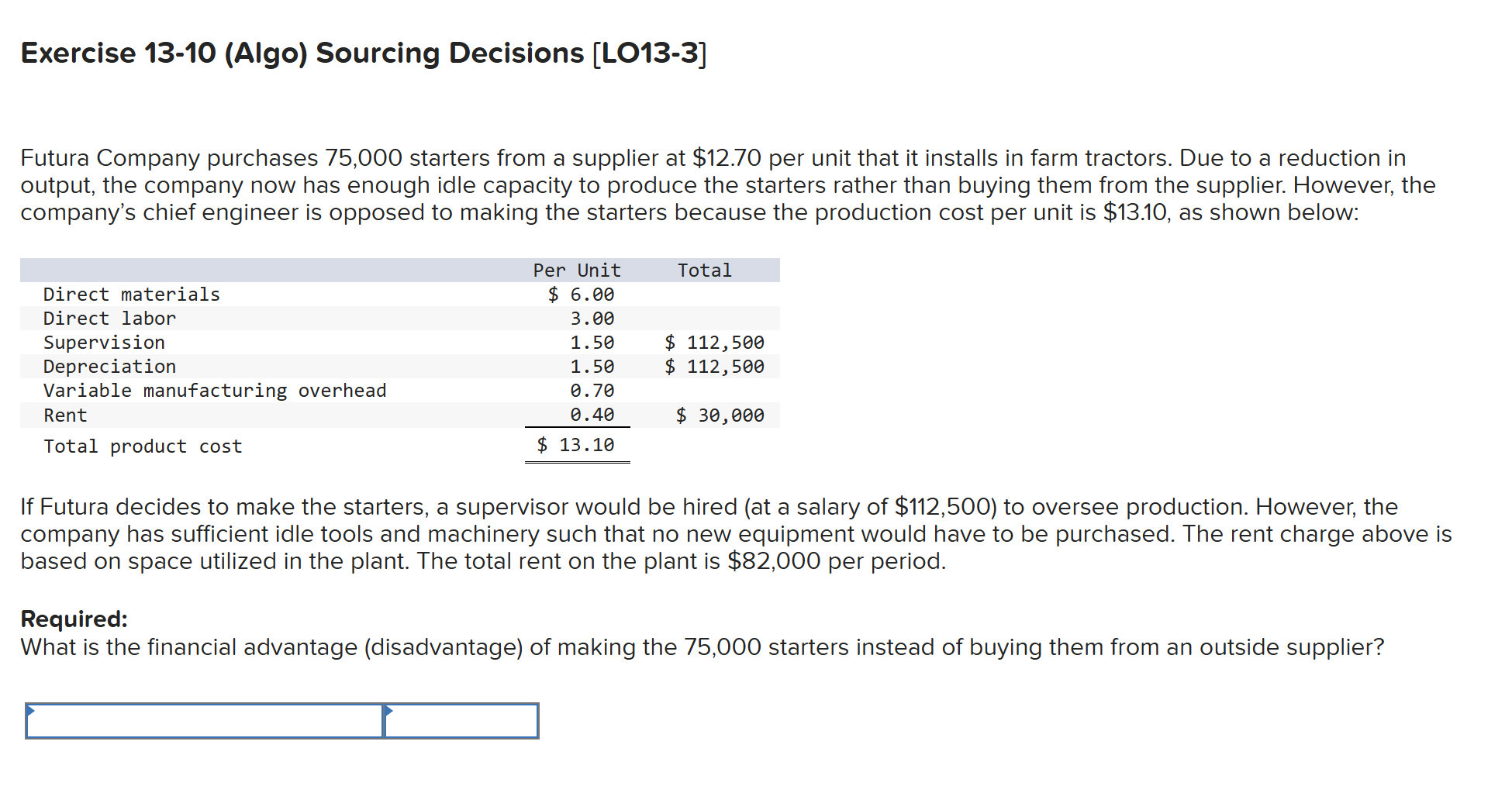 Solved Exercise 13-10 (Algo) ﻿Sourcing Decisions | Chegg.com