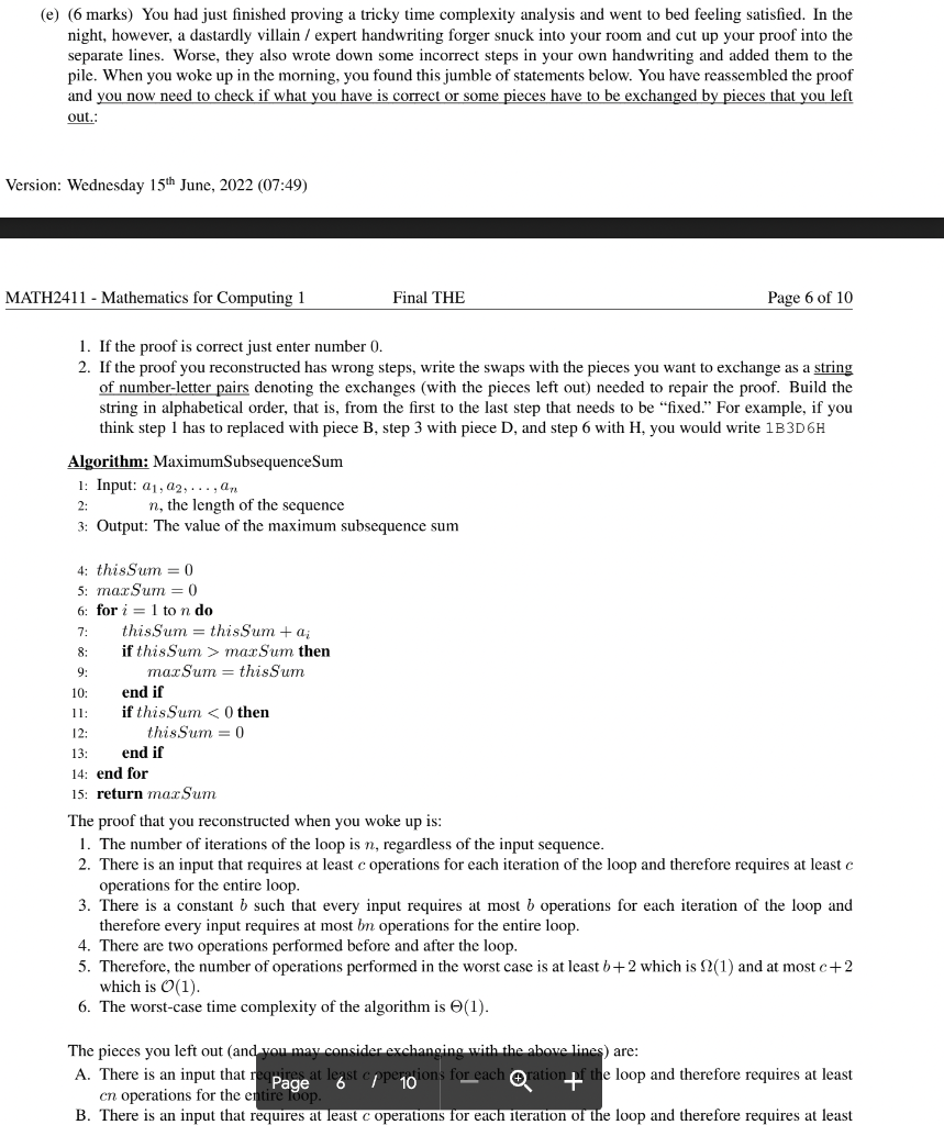 Solved (e) (6 marks) You had just finished proving a tricky | Chegg.com