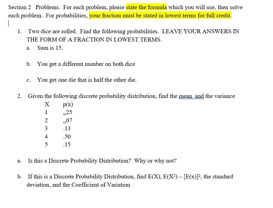 Solved Section 2 Problems. For each problem, please state | Chegg.com