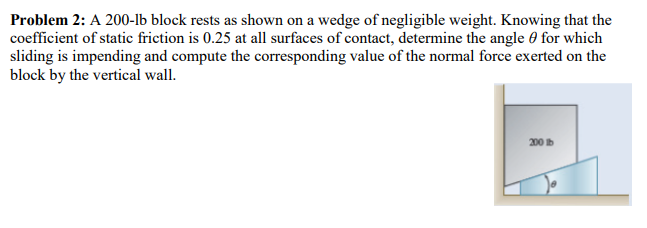 Solved Problem 2: A 200-lb block rests as shown on a wedge | Chegg.com