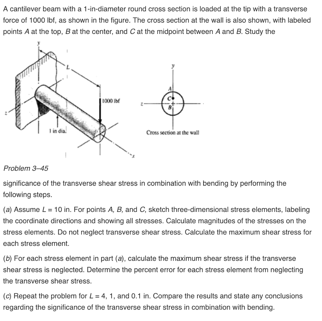 Solved A cantilever beam with a 1-in-diameter round cross | Chegg.com