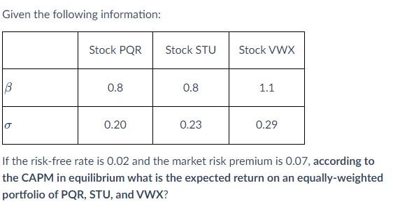 Solved Given the following information: Stock PQR Stock STU | Chegg.com