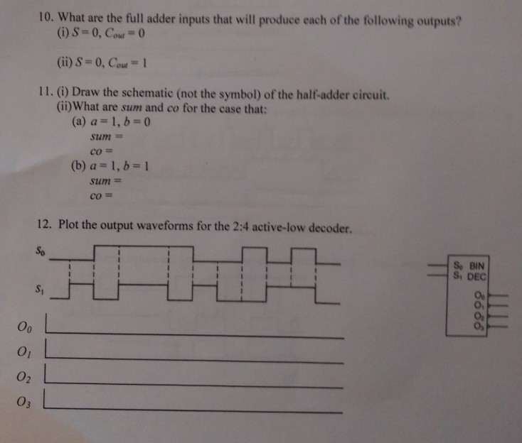 Solved 10. What are the full adder inputs that will produce | Chegg.com